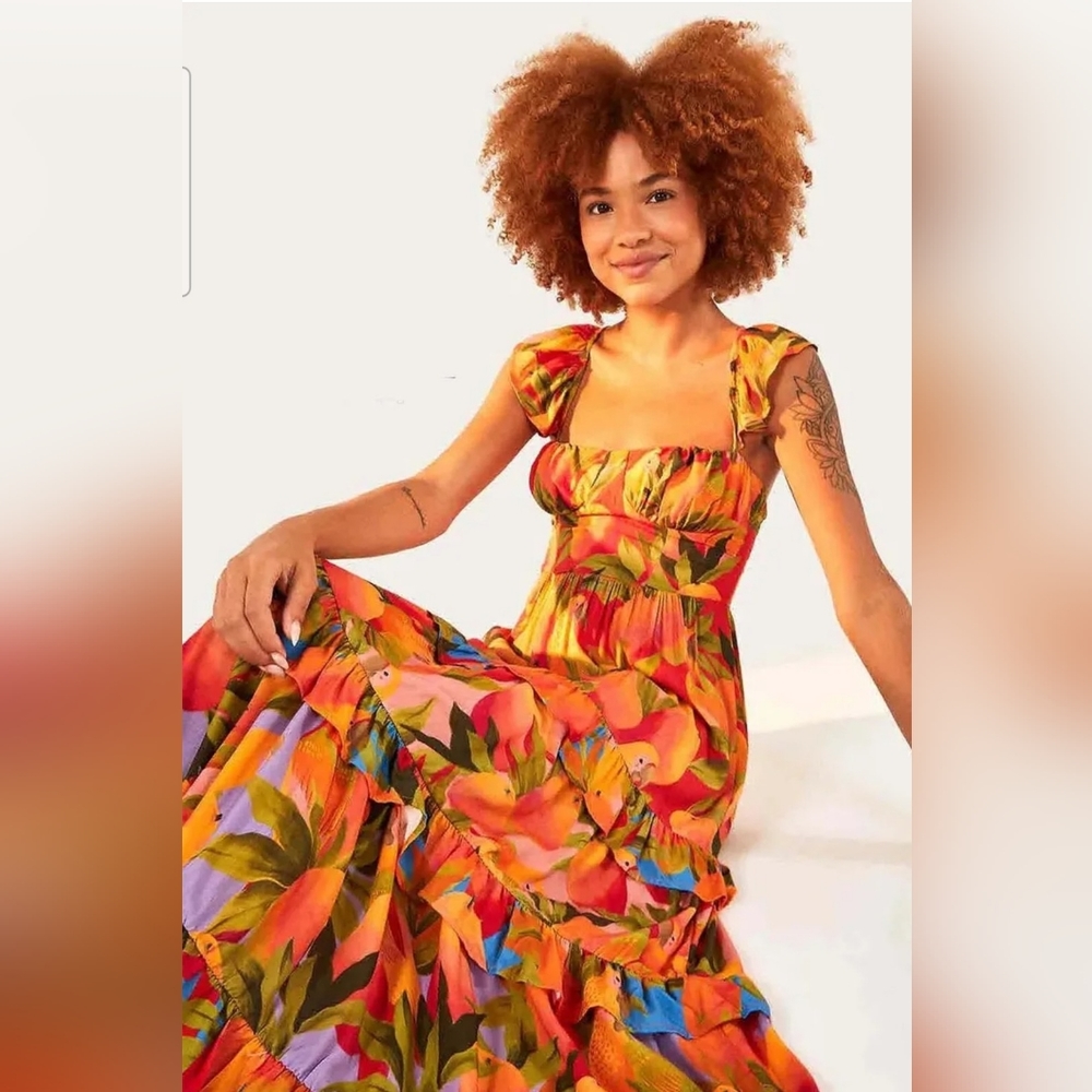 Farm Rio Brazil Birds And Fruits Maxi Dress Small - Gem